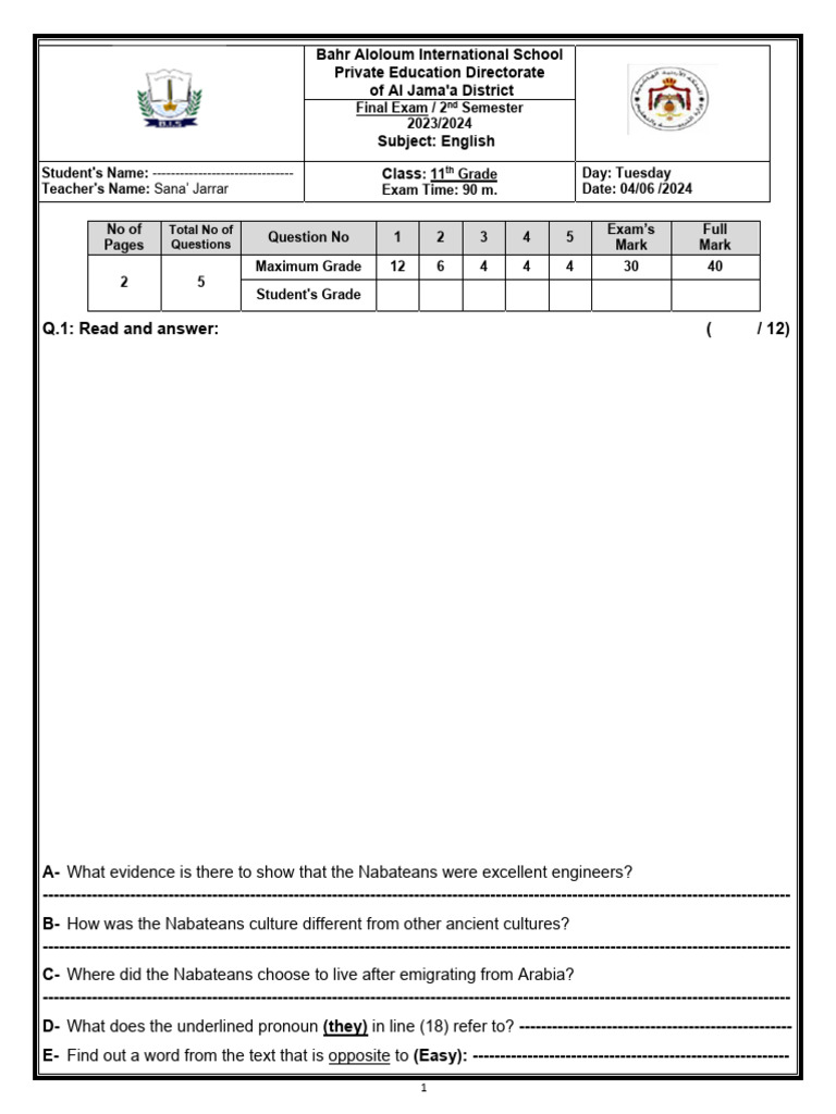 11th Grade - English Final Exam | PDF | English Language | Linguistics