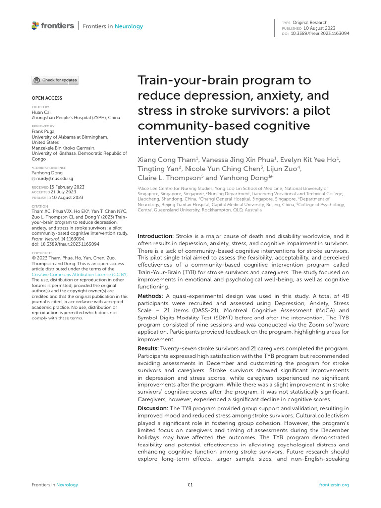 Train-Your-Brain Program To Reduce Depression, Anxiety, and Stress in Stroke Survivors: A Pilot ...