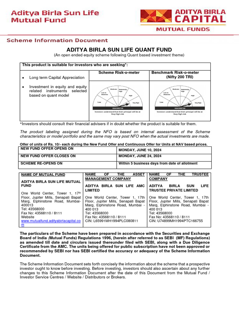 SID-Aditya Birla Sun Life Quant Fund-060624 | PDF | Securities (Finance) | Investment Fund