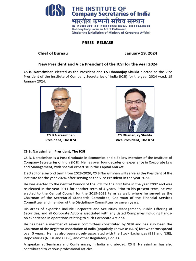 Press Release - New President and Vice President of The Icsi For The ...