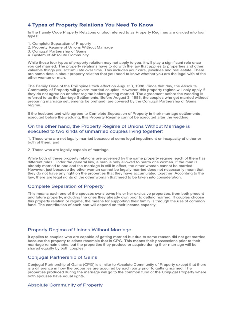 4 Types of Property Relations You Need To Know | PDF | Marriage | Husband