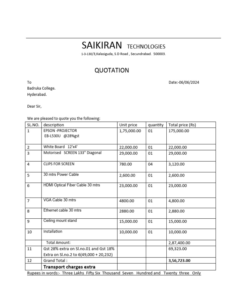 01 - Sai Kiran - Badruka Collge Projector Quotation | PDF