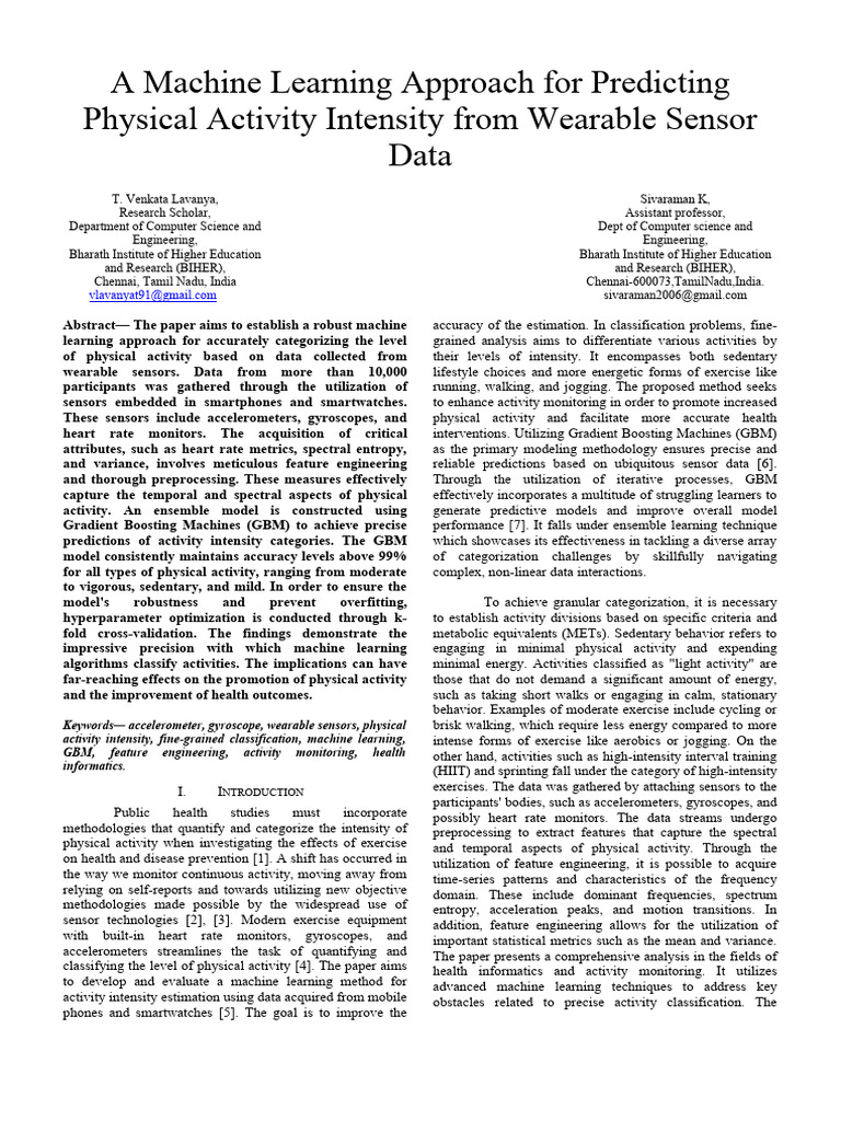A Machine Learning Approach For Predicting Physical Activity Intensity