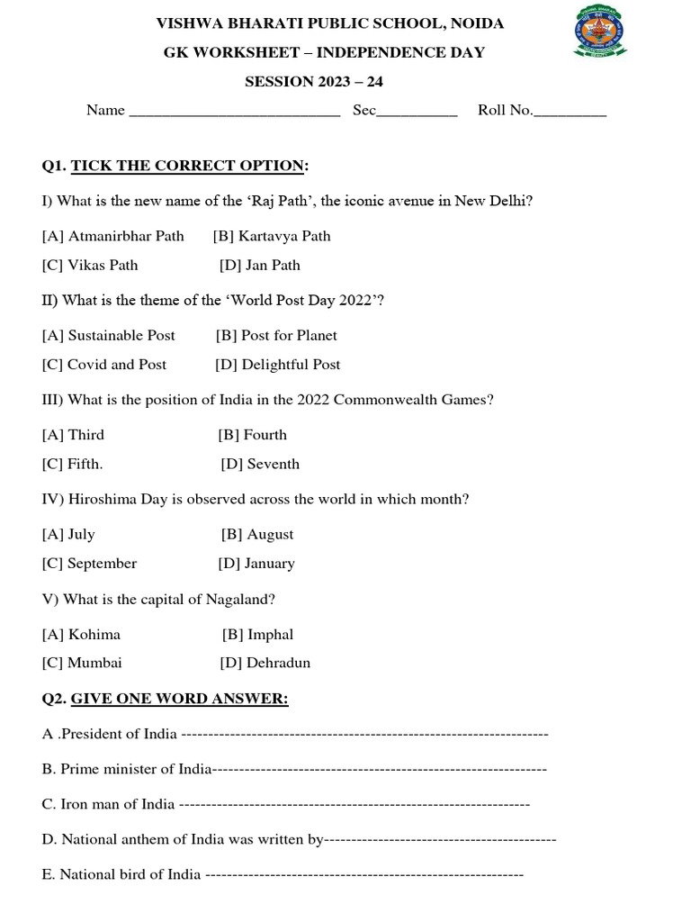 GK Worksheet - Independence Day | PDF | Indian Nationalism | Indian ...