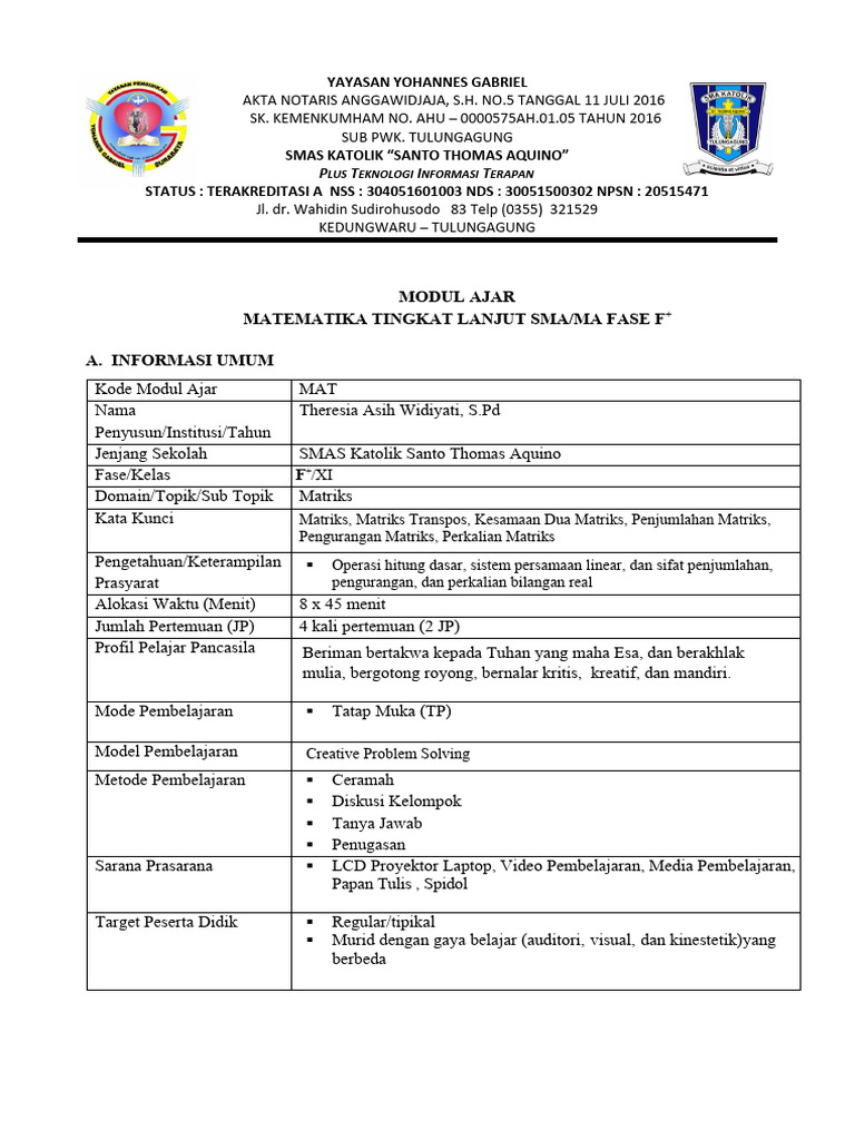 Modul Ajar Matriks | PDF