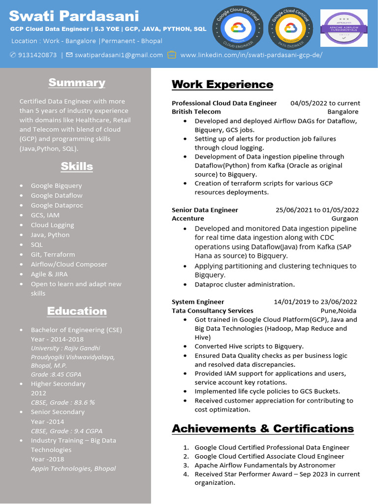 Resume - Swati Pardasani GCP Data Engg | PDF | Cloud Computing | Apache Hadoop