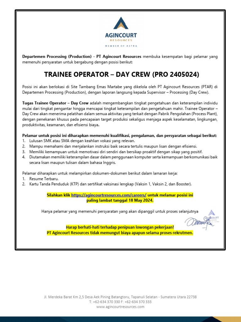 PRO - External Local - May 2024 - Trainee Operator - Day Crew (INA) | PDF