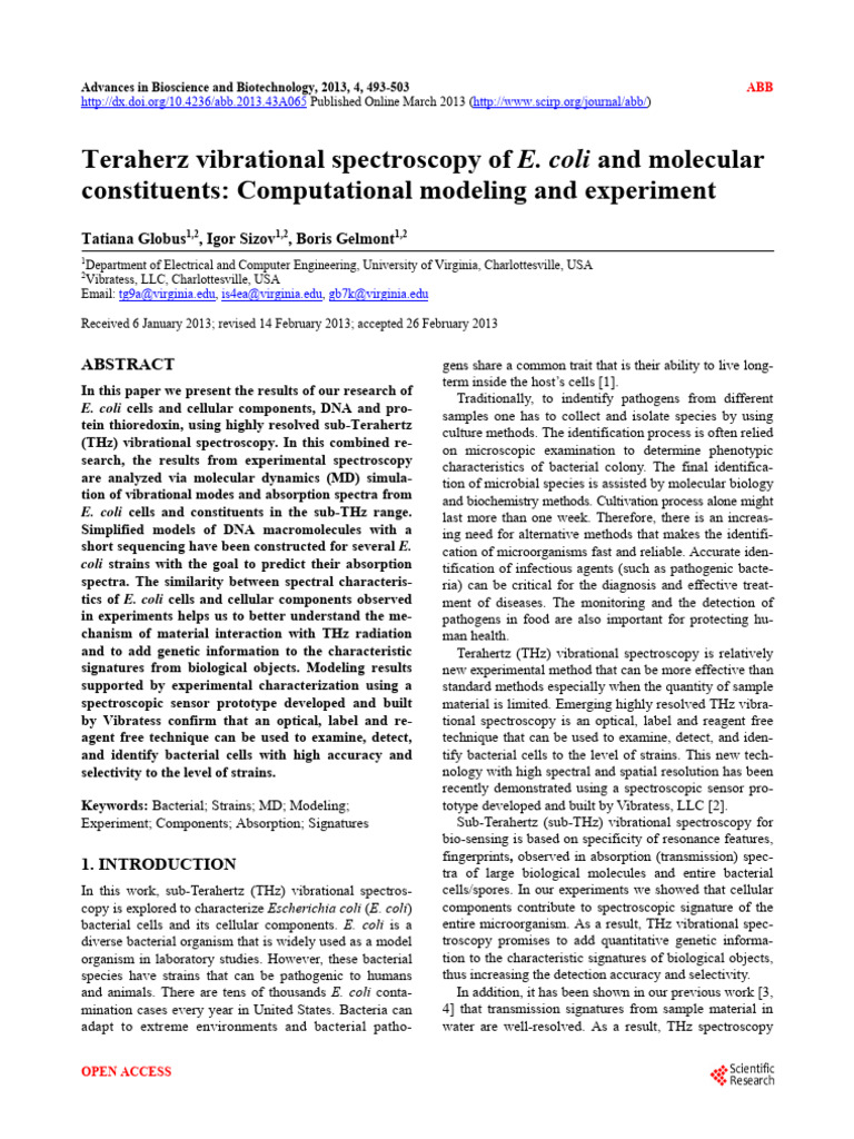 Teraherz Vibrational Spectroscopy of E. Coli and Molecular Constituents ...