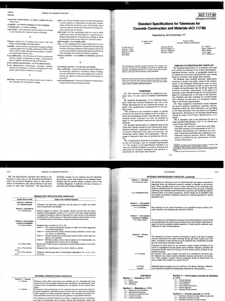 ACI 117 Standard Specifications For Tolerance For Concrte Construction ...