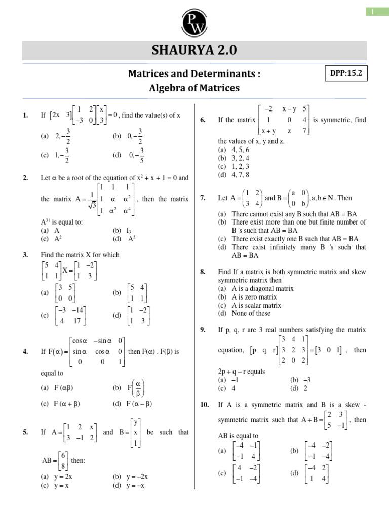 Matrices and Determinants - DPP 15.2 - Shaurya 2.0 | PDF | Matrix (Mathematics) | Determinant