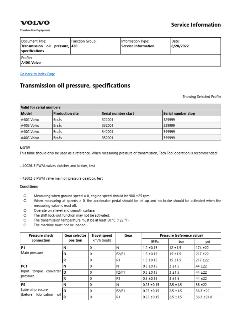 A40G Volvo Transmission Oil Pressure Specs | PDF | Clutch | Vehicles
