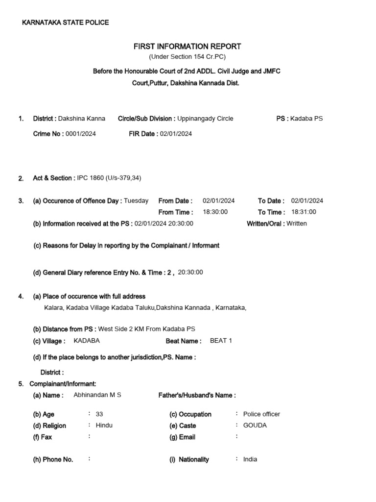 First Information Report | PDF | Public Law | Legal Action