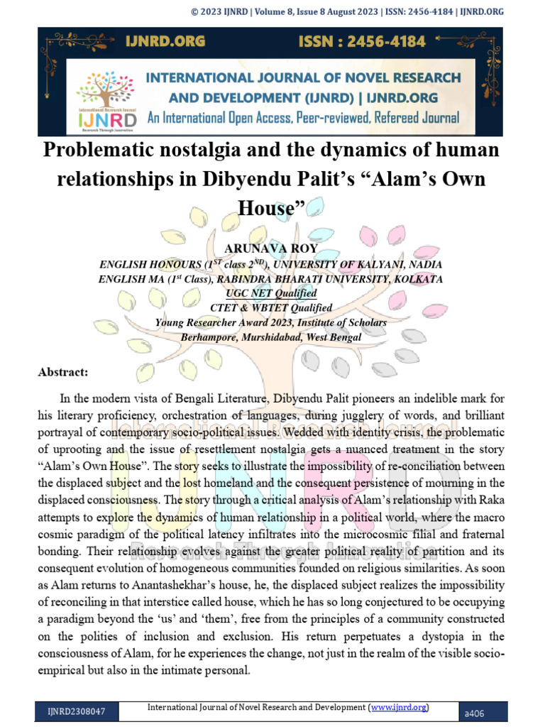 Problematic Nostalgia and The Dynamics of Human Relationships in Dibyendu Palit's "Alam's Own ...