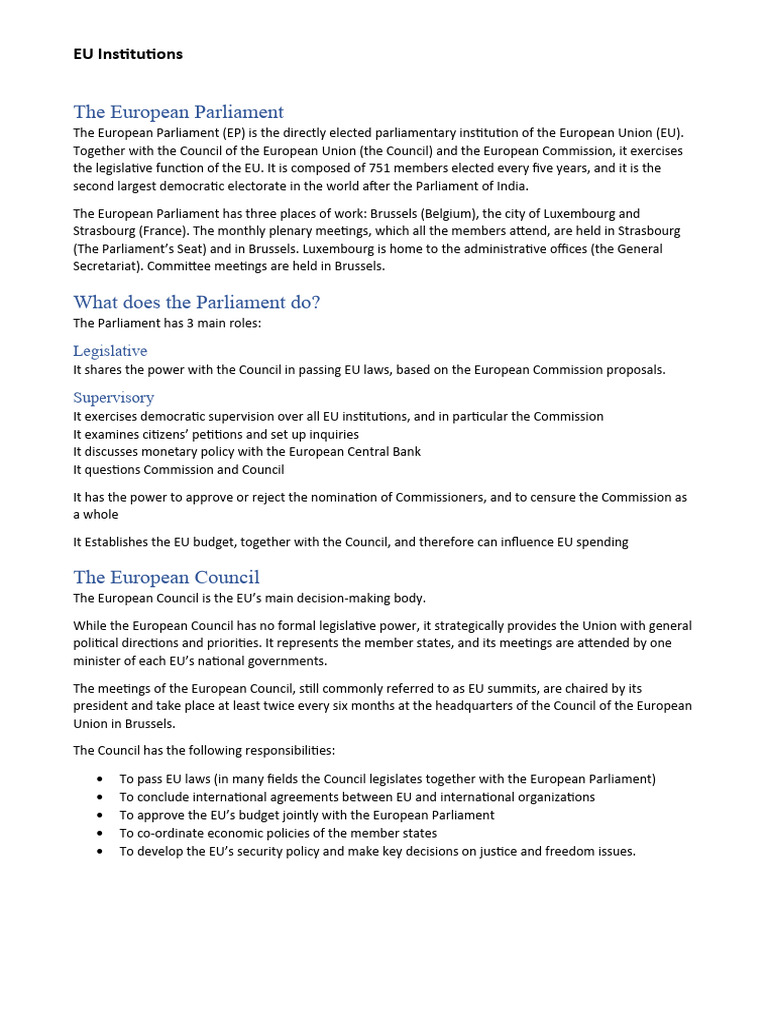 Overview of EU Institutions and Roles | PDF | European Union | European ...