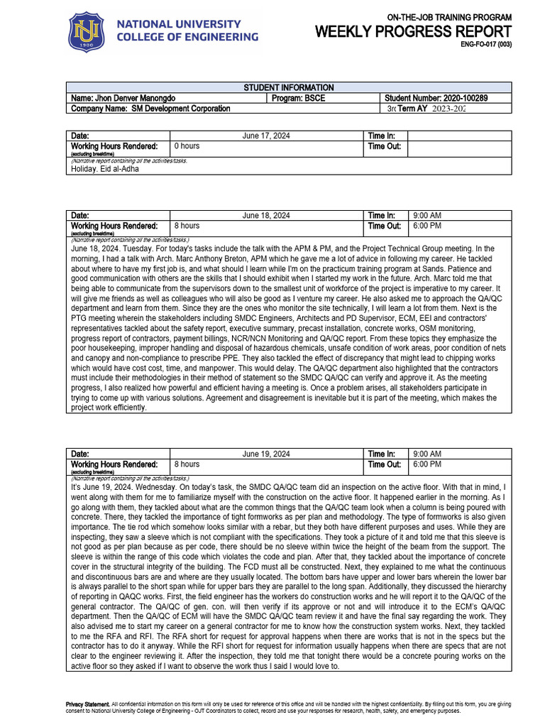 Weekly Progress Report (2023) | PDF | Concrete | Civil Engineering