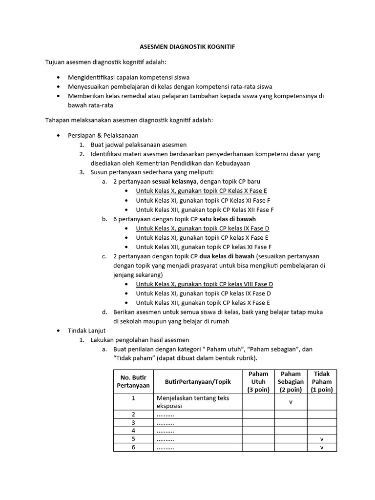 Contoh Pelaksanaan Asesmen Diagnostik Kognitif | PDF