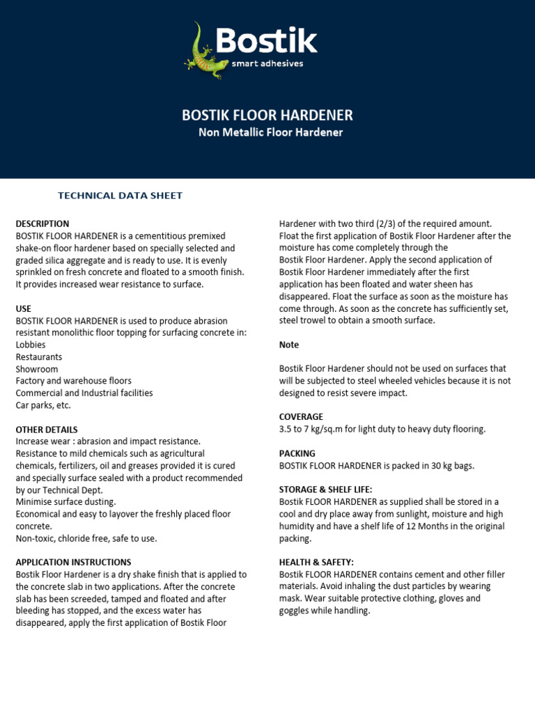 Bostik Floor Hardener Technical Data Sheet | PDF | Concrete | Adhesive