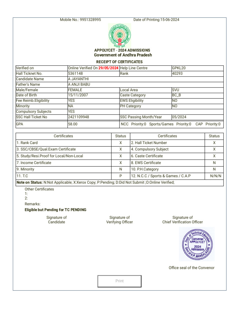 Appolycet - Nic.in New Certificate Verify Print - Aspx | PDF
