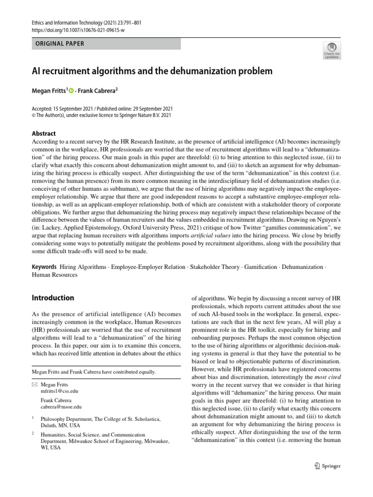 AI Recruitment Algorithms and The Dehumanization Problem: Megan Fritts Frank Cabrera | PDF ...