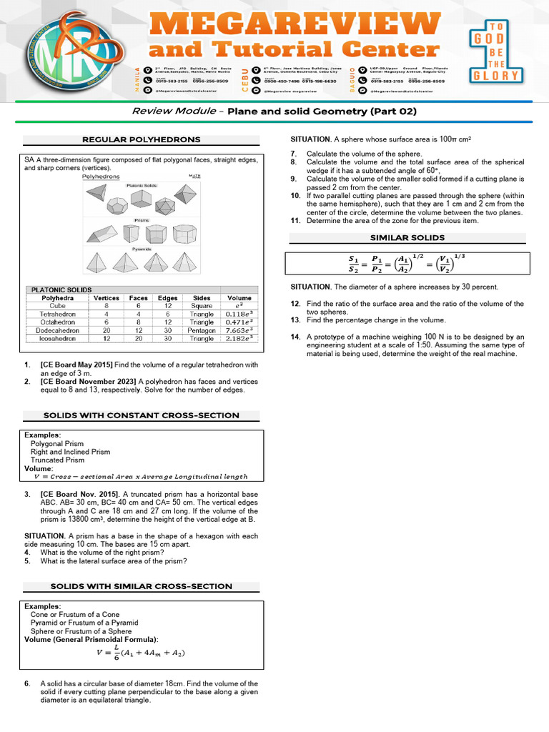 Review Module 03 - Plane and Solid Geomtery-Part 02 | PDF | Sphere | Area