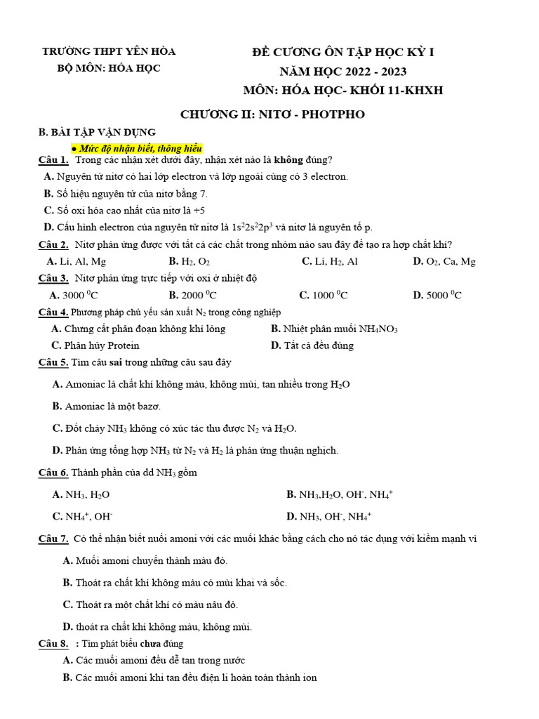 Bt Đc Ôn Tập Kì i Hóa 11 Khxh Hs 22 23 | PDF