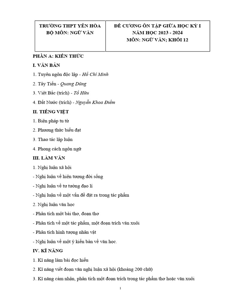 Bản Cuối - Đc Văn 12- Hki Năm Học 2023-2024 | PDF