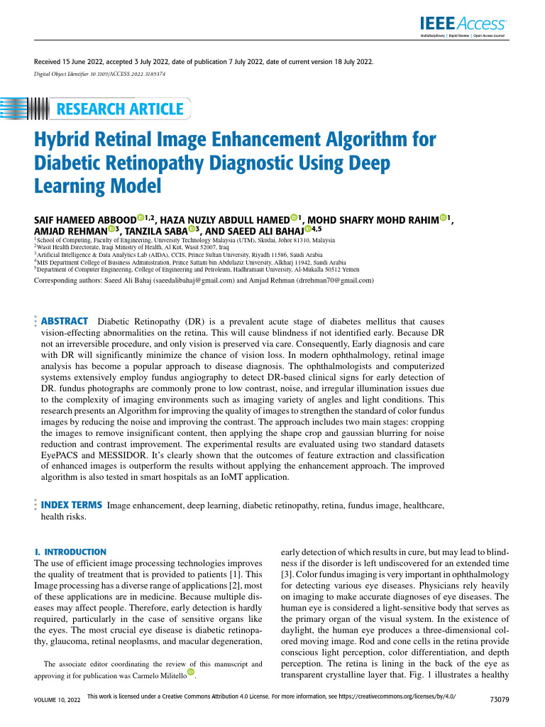 Ieee Access 2022 Hybrid Retinal Image Enhancement Algorithm For Diabetic Retinopathy