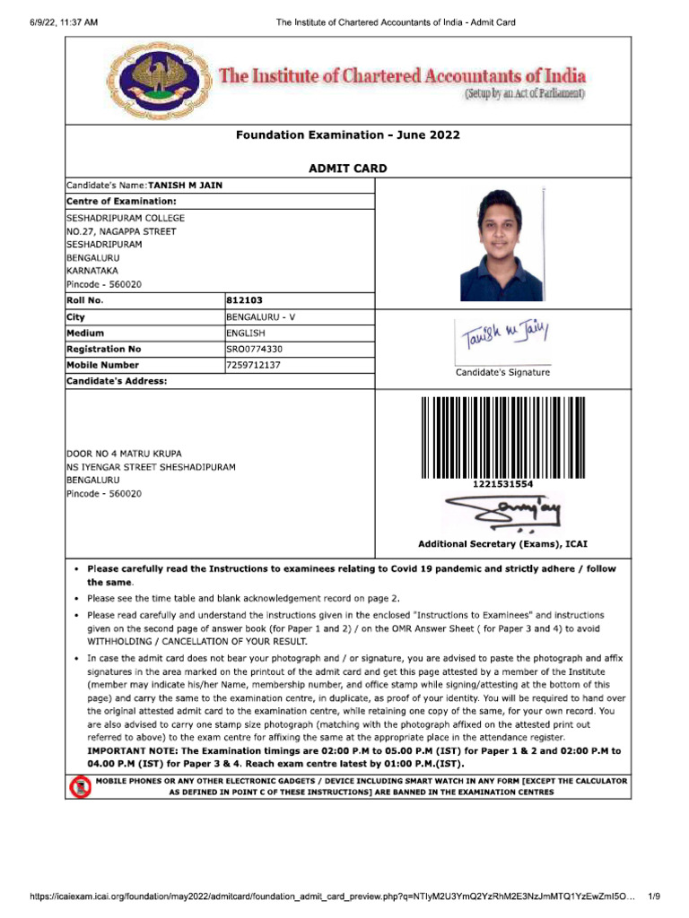 Tanish Admit Card | PDF