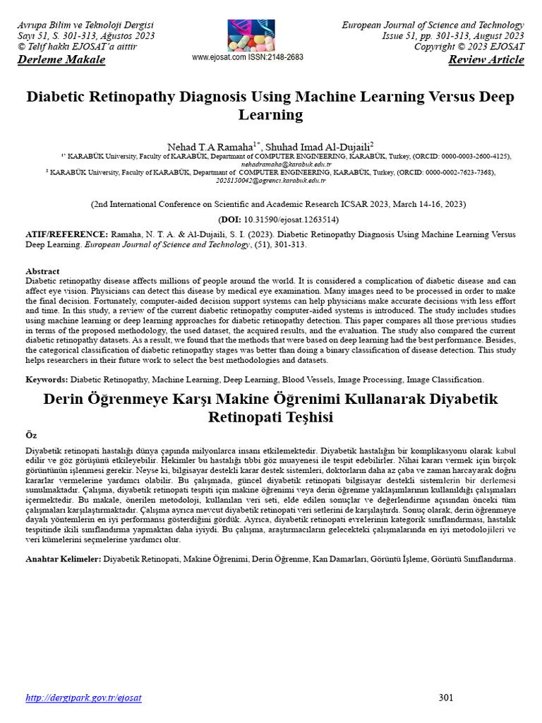 European Journal of Science and Technology 2023 - Diabetic Retinopathy Diagnosis Using Machine ...