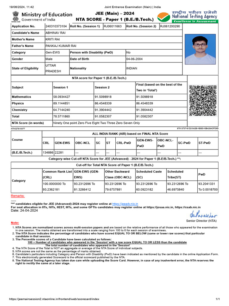 JEE Main 2024 NTA Scorecard for Abhinav | PDF | Student Assessment And ...