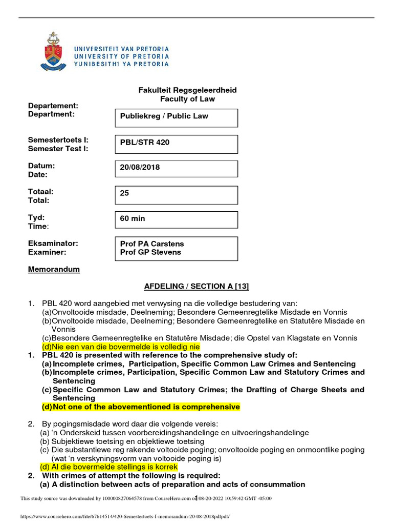 420 Semestertoets I Memorandum 20 08 2018pdfpdf 221008 083702 | PDF | Common Law | Justice