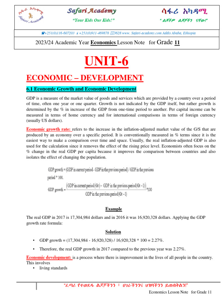 Economics Lesson Note For Grade 11 | PDF | Human Development Index ...