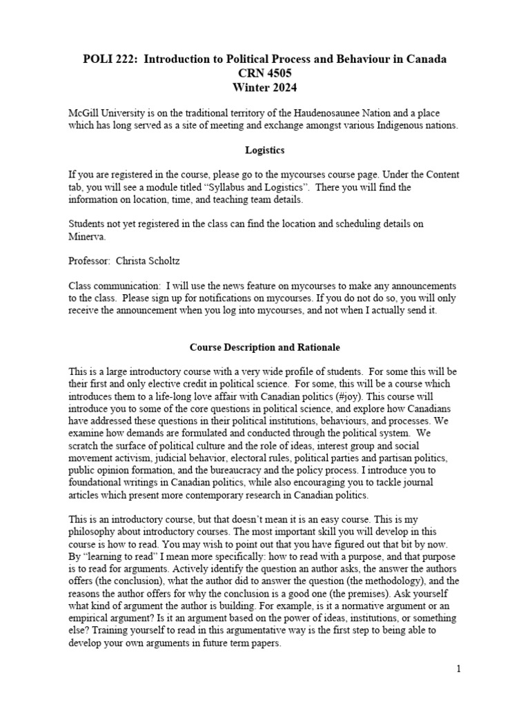 Poli 222 Scholtz Course Outline w24 | PDF | Argument | Pierre Trudeau