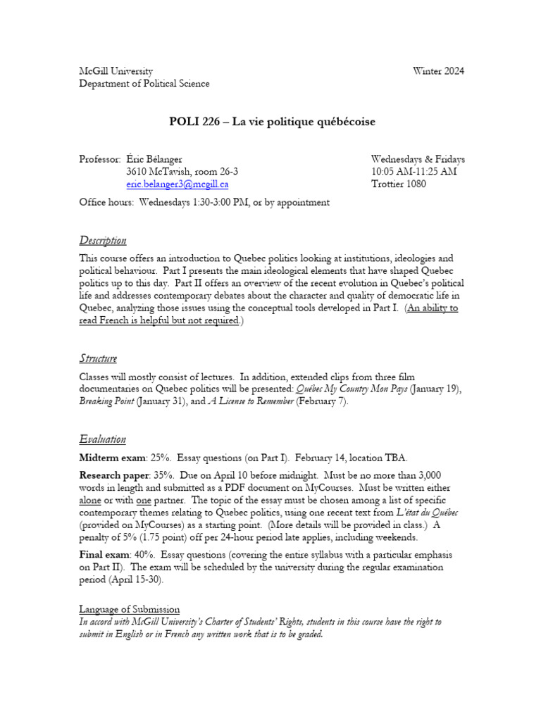 Poli - 226 Belanger Course - Outline w24 | PDF | Quebec | Politics Of ...