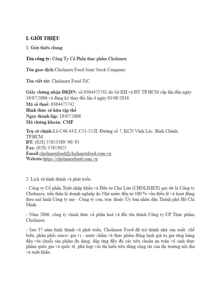 PTTCDN Công ty Cổ phần Thực phẩm Cholimex | PDF