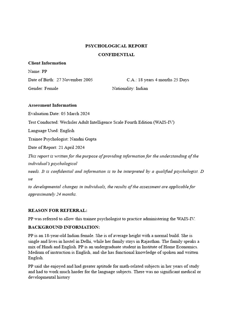 sample report pd | Download Free PDF | Wechsler Adult Intelligence Scale | Cognition
