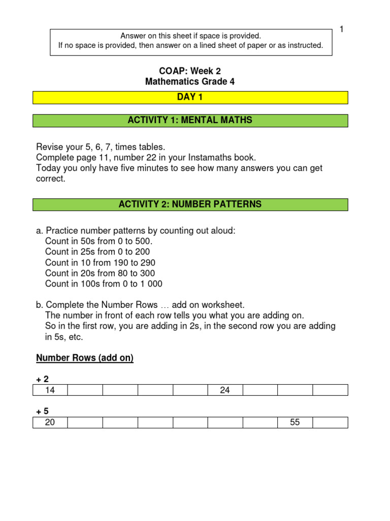COAP Week 2 Mathematics Grade 4 Activities | PDF | Subtraction | Arithmetic