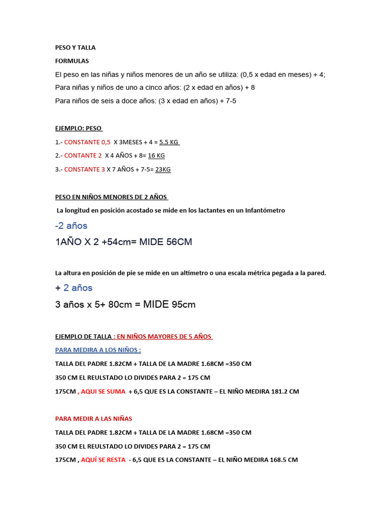 Fórmulas Peso y Talla Infantil | PDF | Salud y bienestar
