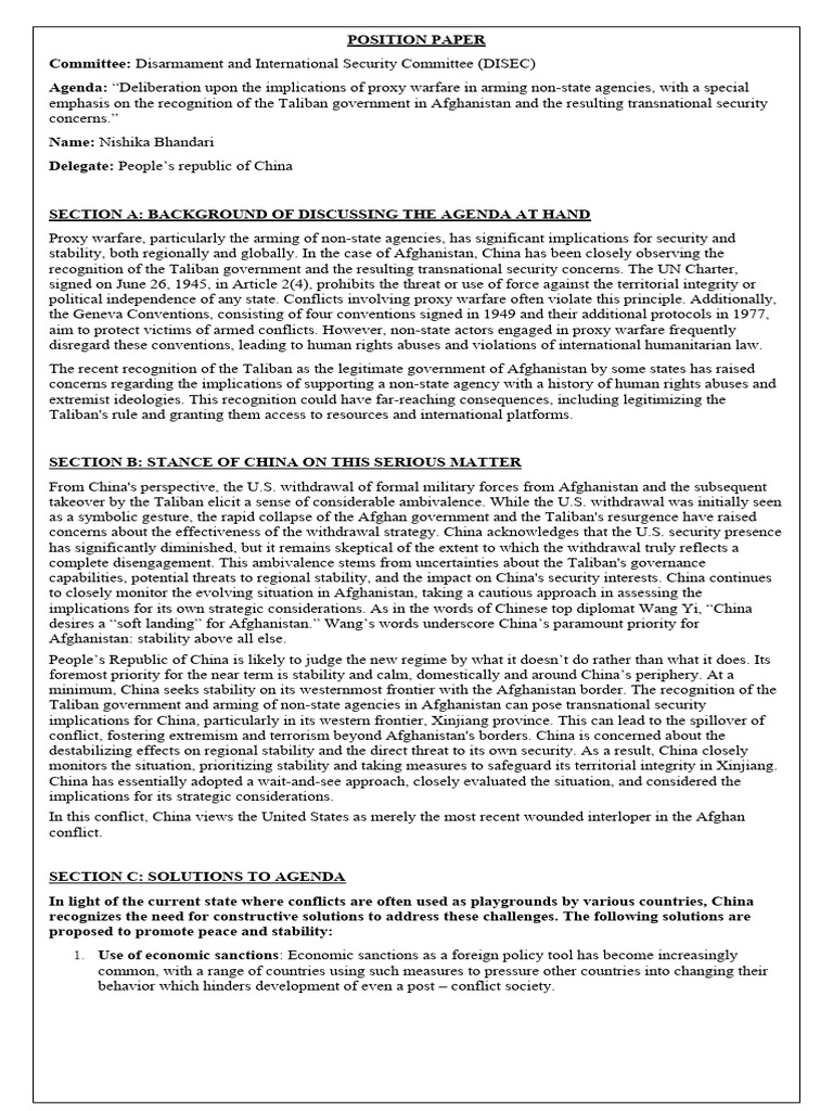 MUN CHINA DISEC PositionPaper Final | PDF | Taliban | Afghanistan