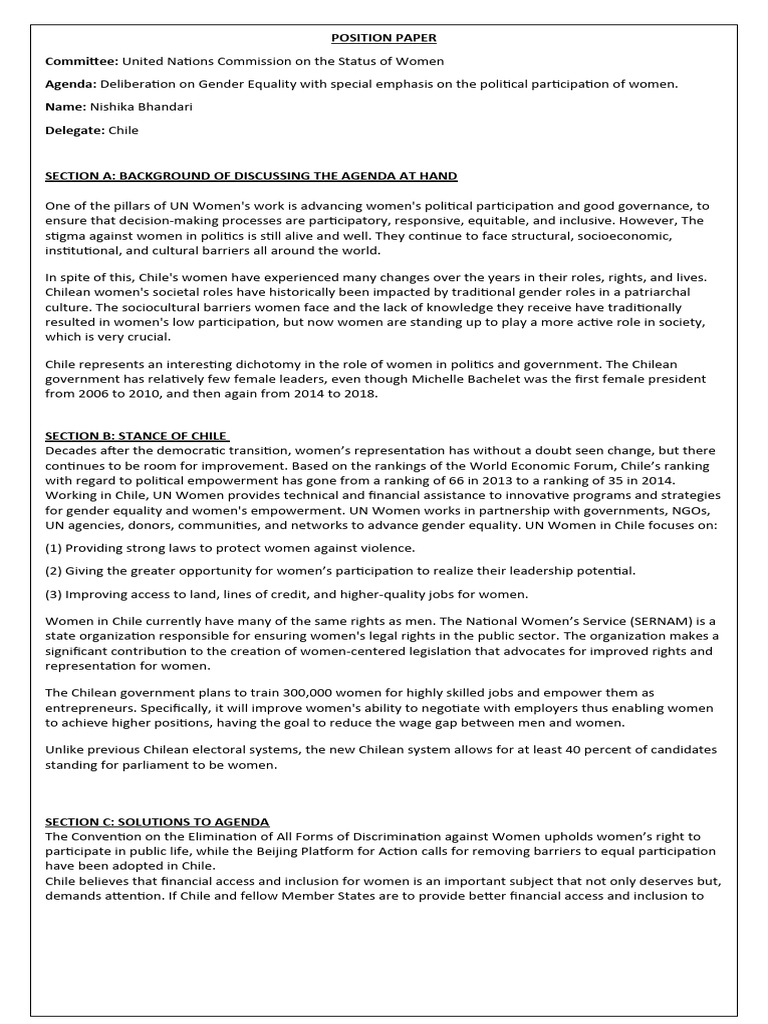 MUN CHILE UNCSW PositionPaper Final | PDF | Chile | Gender Studies