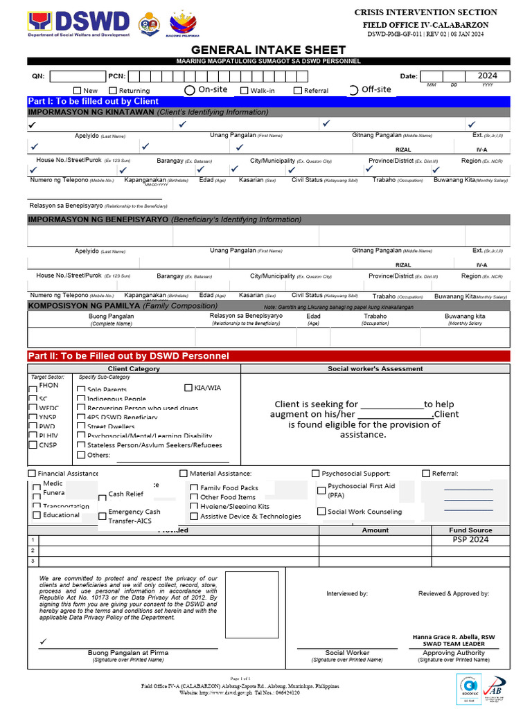 General Intake Sheet (Gis) New Format | PDF | Psychosocial | Social Work