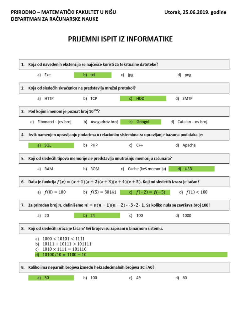 Prijemni Informatika 2019 | PDF