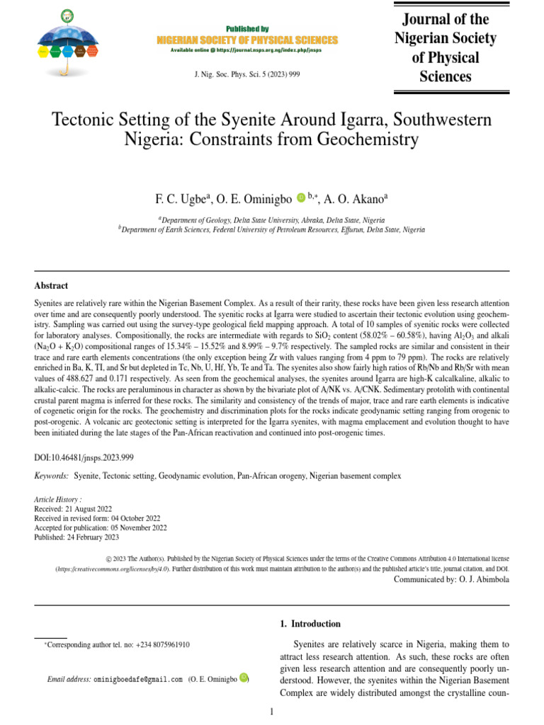 Tectonic Setting of The Syenite Around Igarra, Southwestern Nigeria ...