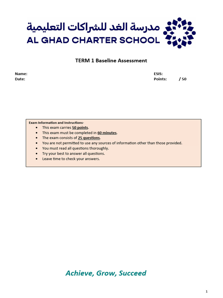 Biology Baseline Assessment | PDF | Cell (Biology) | Atoms