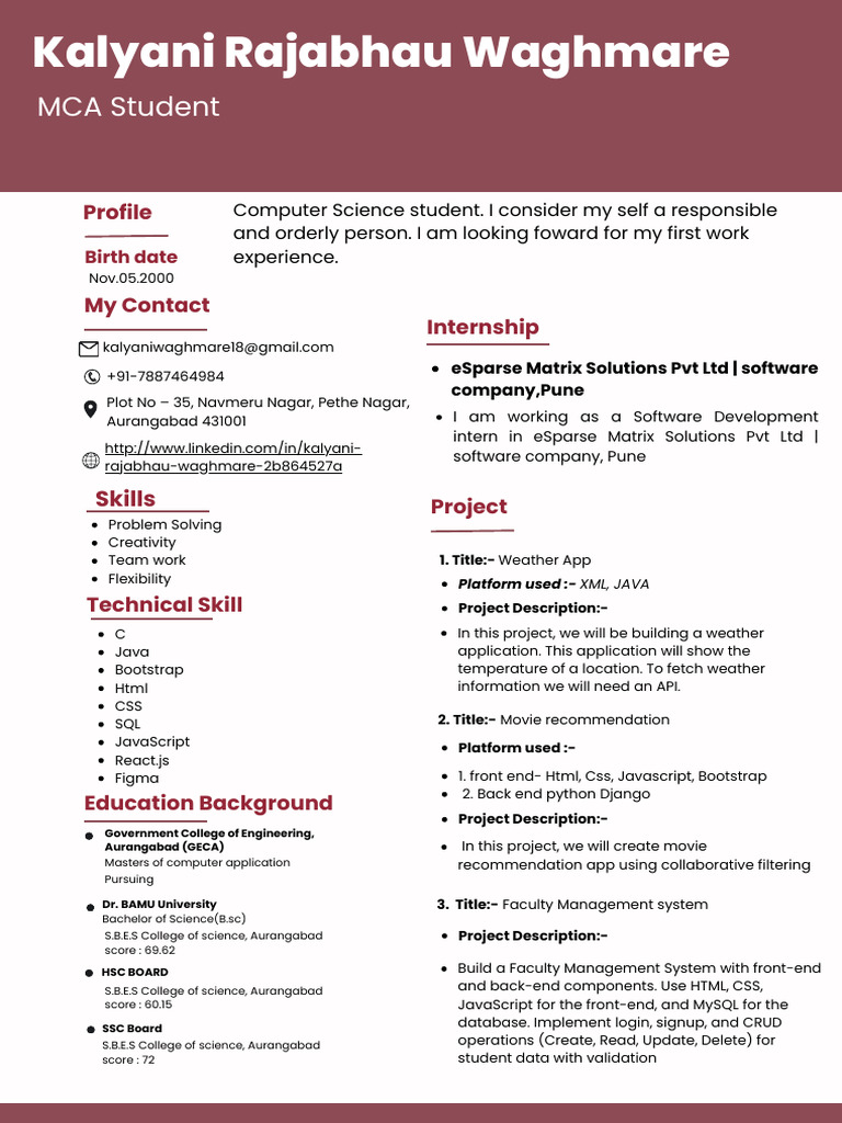 Kalyani Waghmare: MCA Student Profile | PDF | Java Script | Application Software