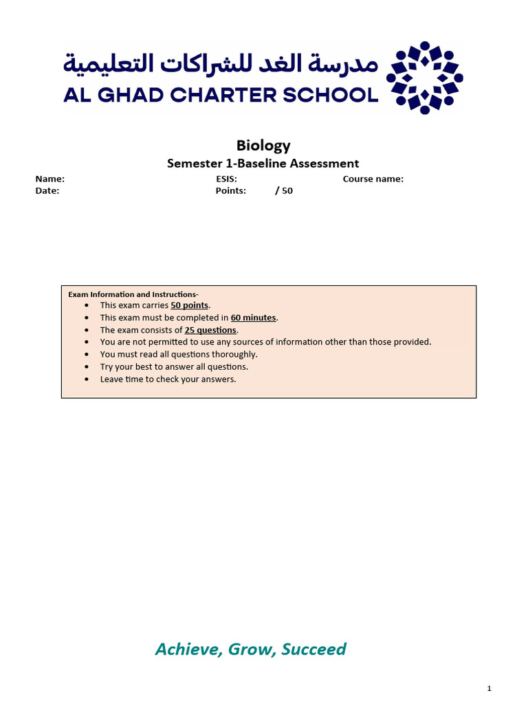 Biology Semester 1 Baseline Exam | PDF | Cell (Biology) | Atoms