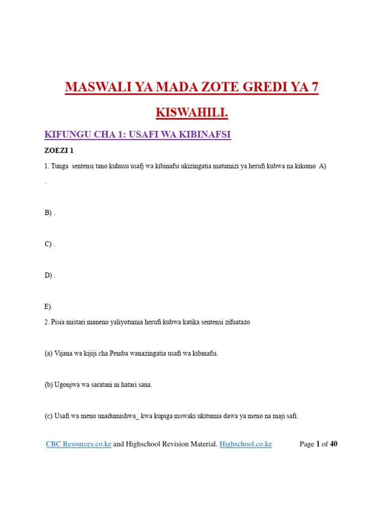Kiswahili Grade 7 JSS Topical Questions V1 | PDF