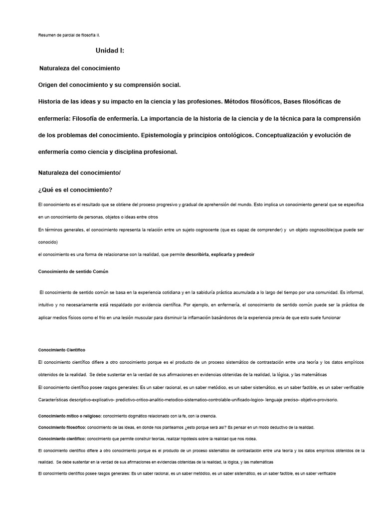 Resumen de Parcial de Filosofía II | PDF | Conocimiento | Enfermería