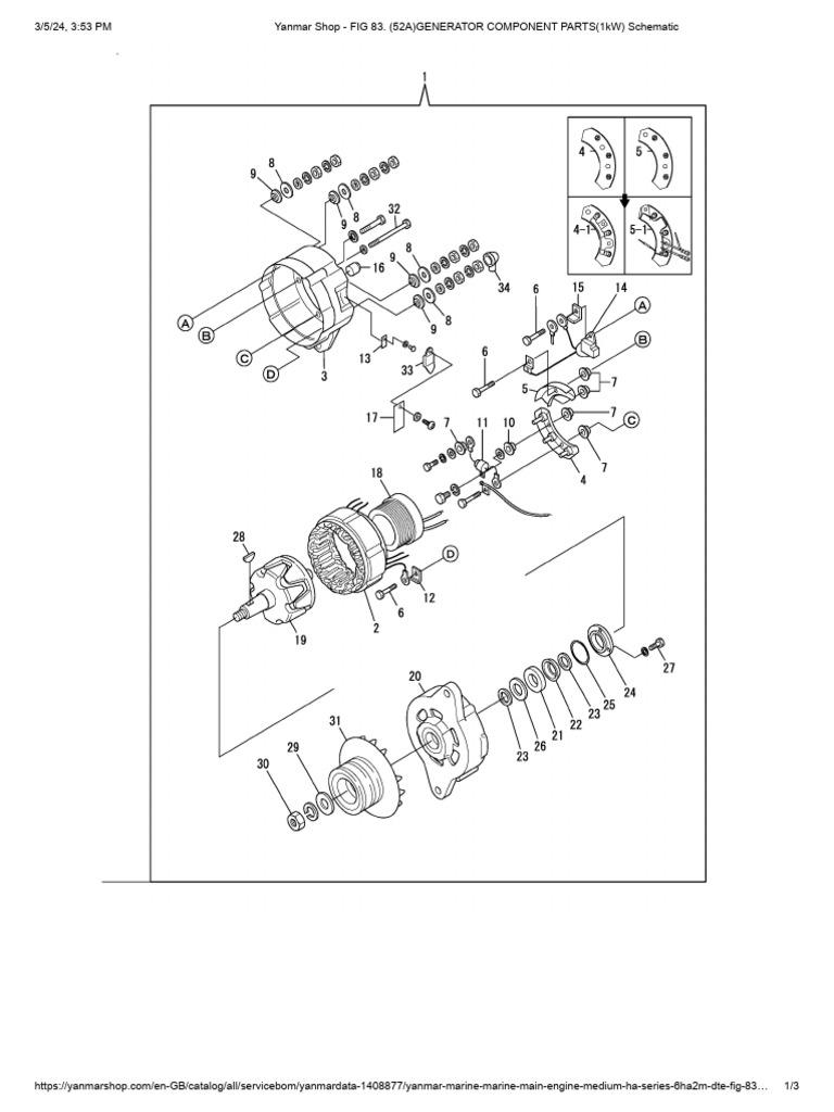 Yanmar Shop - FIG 83. (52A)GENERATOR COMPONENT PARTS(1kW) Schematic ...