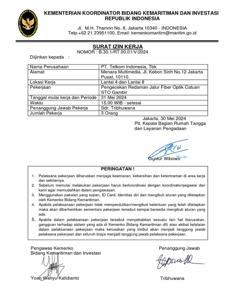 Surat Izin Kerja Pekerjaan Pengecekan Redaman Jalur Fiber Optik Catuan ...